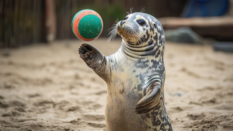 Cute Seal Playing with a Ball on a Sandy Beach Stock Illustration ...