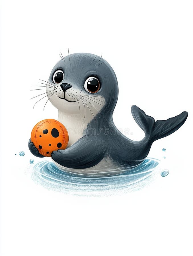 Cute Seal Playing with an Orange Ball Stock Illustration - Illustration ...