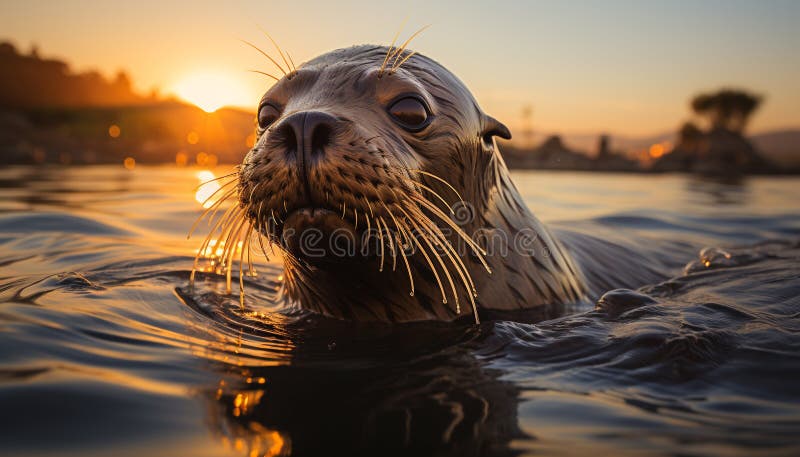 Cute Seal Playing in the Water at Sunset Generated by AI Stock Image ...