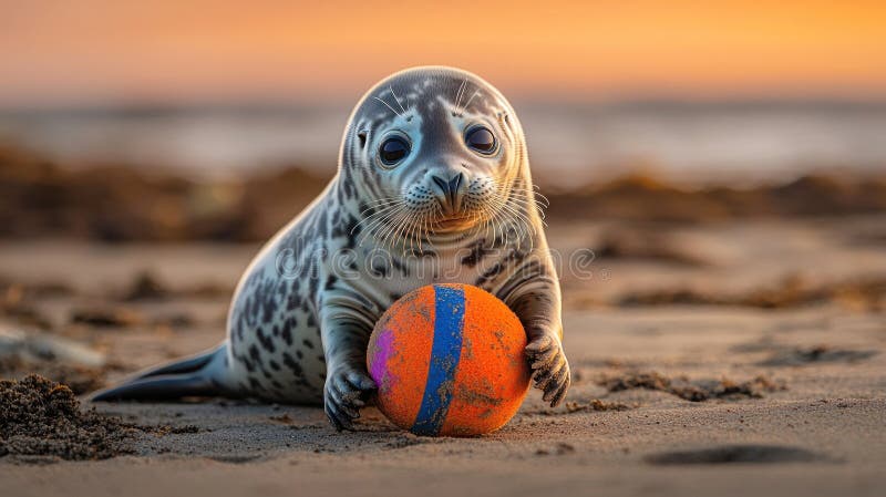 Cute Seal Pup Playing with a Ball on the Beach at Sunset Stock Image ...