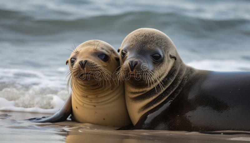 Cute Seal Pup Playing in the Wet Sand by the Sea Generated by AI Stock ...
