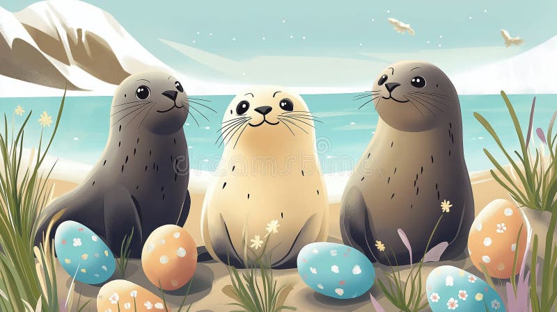 Cute Seals with Easter Eggs on the Beach Stock Illustration ...