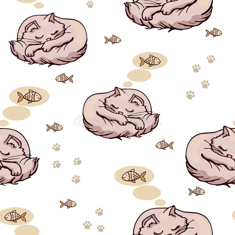 Cute Seamless Background with Cat and Fishes. Stock Illustration ...