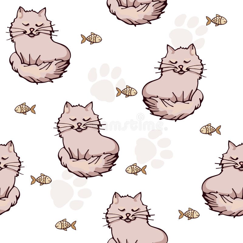 Cute Seamless Background with Cat and Fishes. Stock Illustration ...