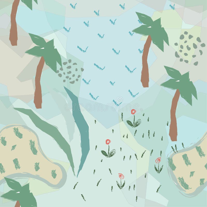 Cute Seamless Background with Palms, Field, Sun, Grass Stock ...