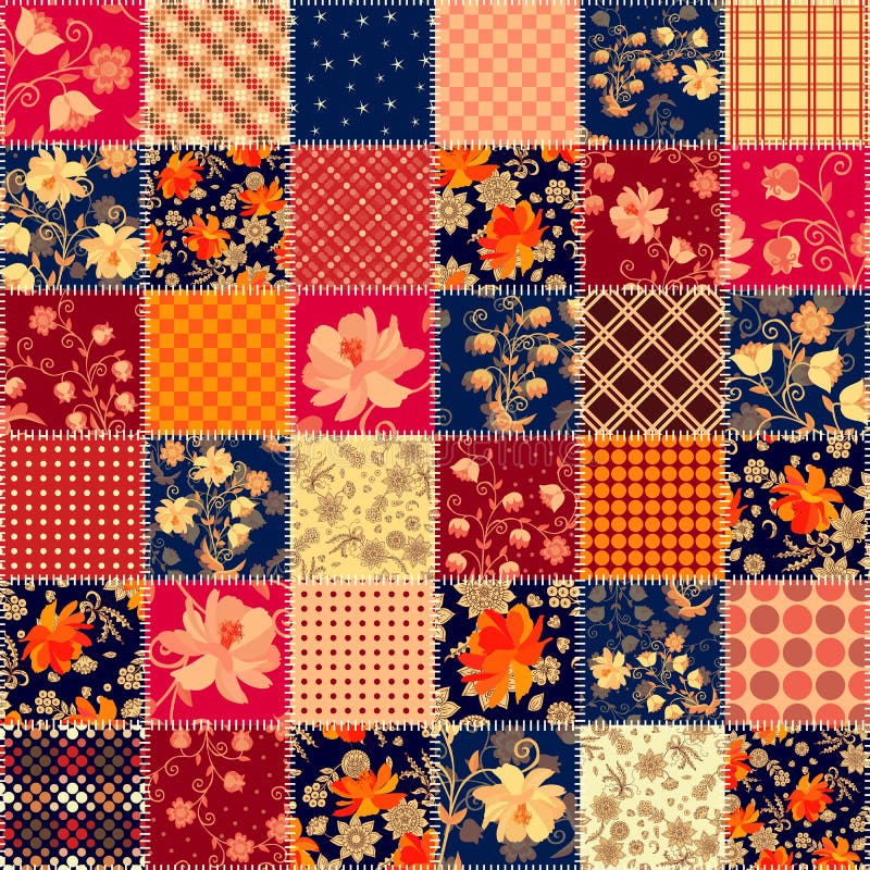 Cute Seamless Patchwork Pattern with Flowers and Geometric Ornaments in ...