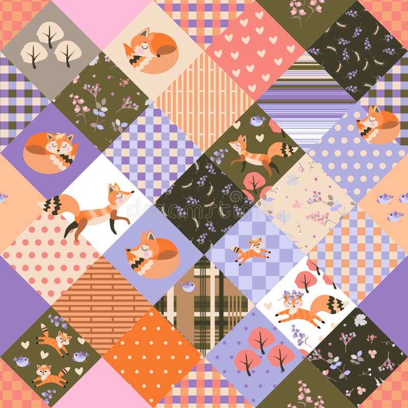 Cute Seamless Patchwork Pattern with Foxes, Birds, Flowers and Trees ...