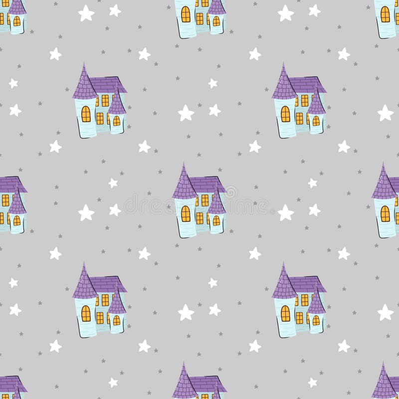 Cute Seamless Pattern with Adorable Castle with Stars. Vector ...