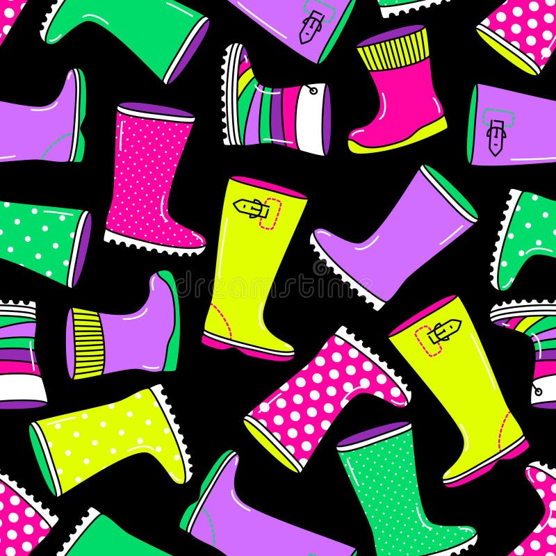 Cute Seamless Pattern with Bright Hand Drawn Rubber Boots Stock Vector ...