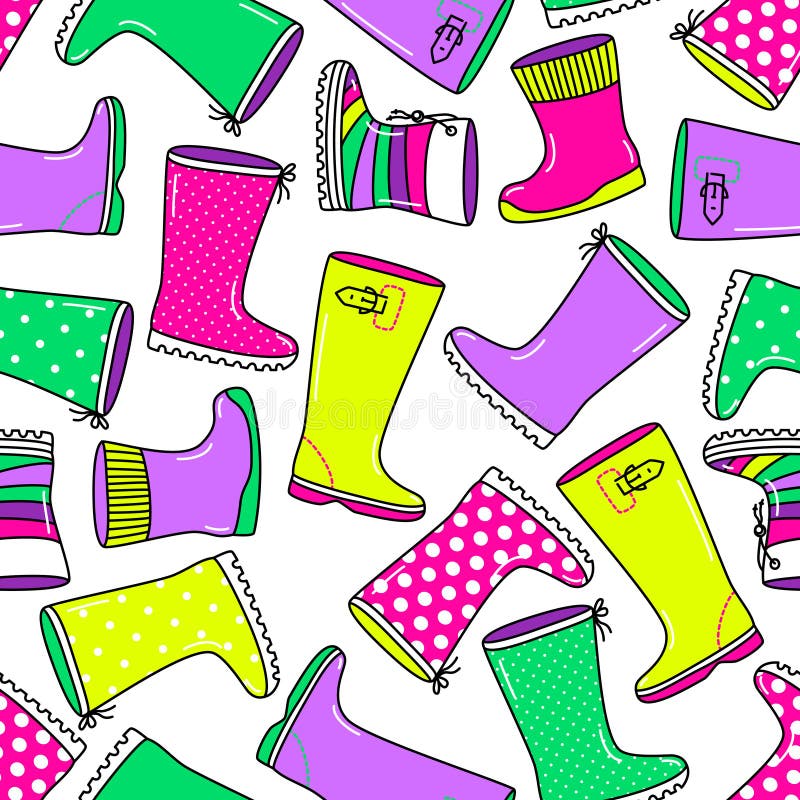 Cute Seamless Pattern with Bright Hand Drawn Rubber Boots Stock Vector ...