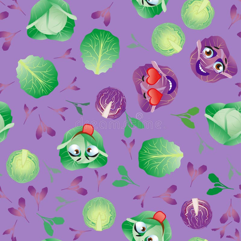 Cute Seamless Pattern with Cartoon Emoji Cabbage Stock Vector ...