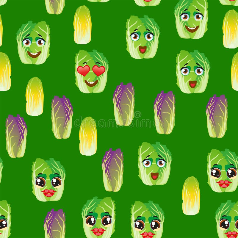 Cute Seamless Pattern with Cartoon Emoji Chinese Cabbage Stock Vector ...