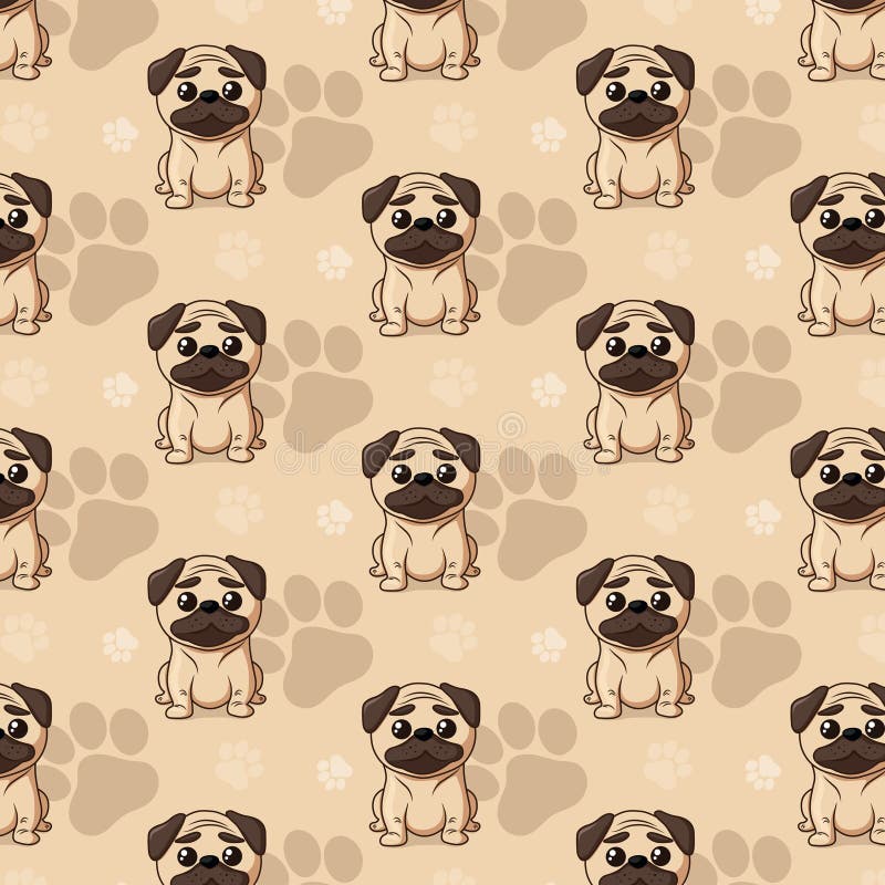 Cute Seamless Pattern with Cartoon Pug and Paws. Stock Vector ...