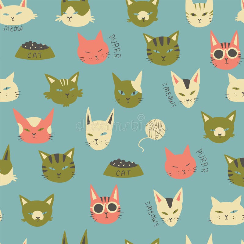 Cute Seamless Pattern with Cats in Doodle Style. Hand Drawn Vector ...