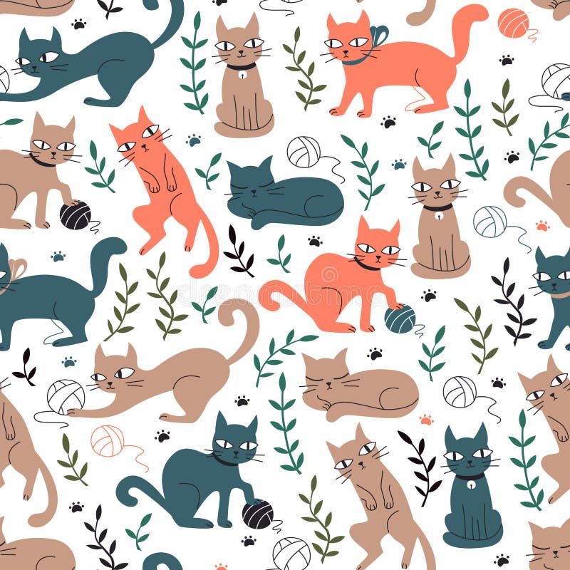 Colorful Seamless Pattern with Cats and Leaves. Stock Vector ...
