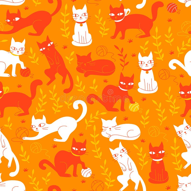 Doodle Hand Drawn Cats Seamless Pattern. Stock Vector - Illustration of ...