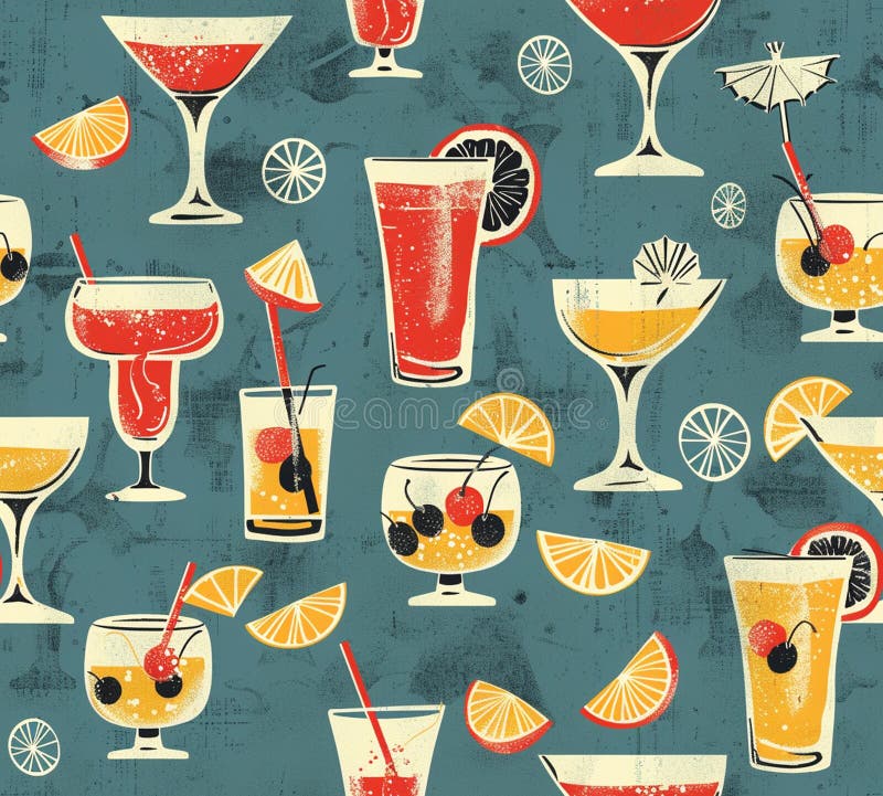 Cute Seamless Pattern Cocktail, Vintage, Retro 2 Stock Illustration ...
