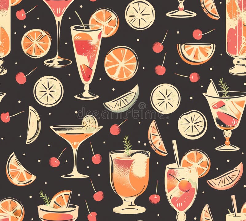Cute Seamless Pattern Cocktail, Vintage, Retro 4 Stock Illustration ...