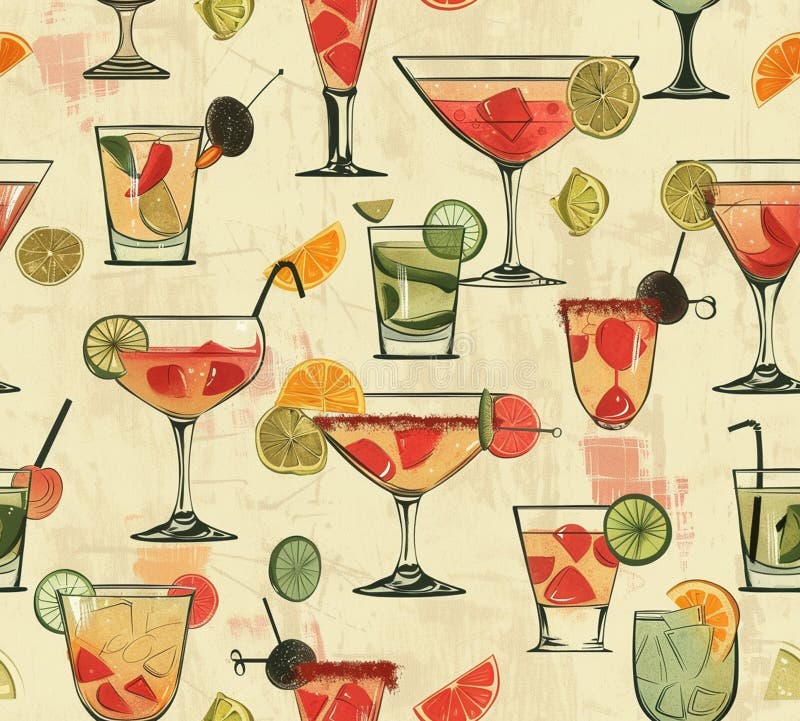 Cute Seamless Pattern Cocktail, Vintage, Retro 5 Stock Illustration ...