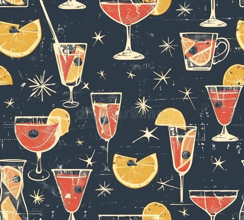Cute Seamless Pattern Cocktail, Vintage, Retro 6 Stock Illustration ...