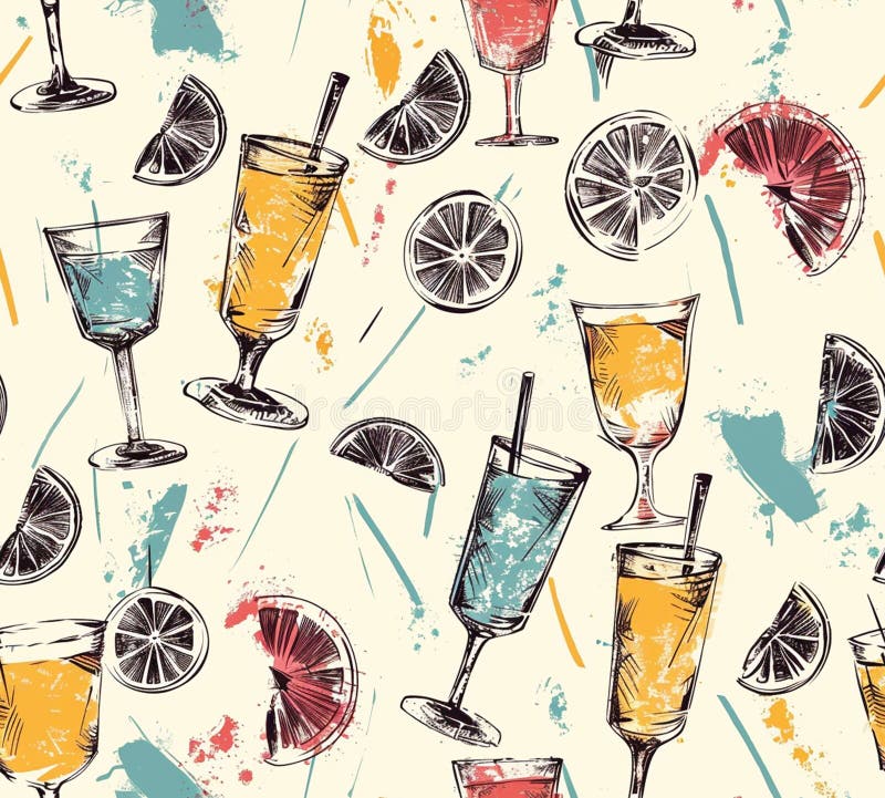 Cute Seamless Pattern Cocktail, Vintage, Retro 8 Stock Illustration ...