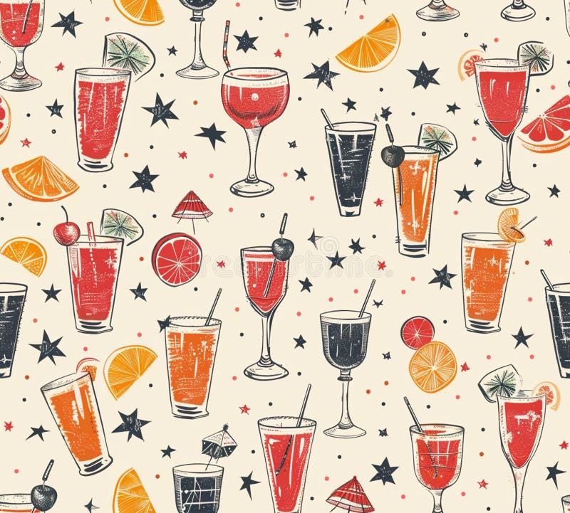 Cute Seamless Pattern Cocktail, Vintage, Retro 10 Stock Illustration ...