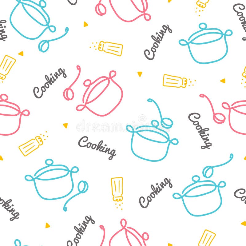 Cute Seamless Pattern with Cooking Tools Vector Graphic Cartoon Line ...