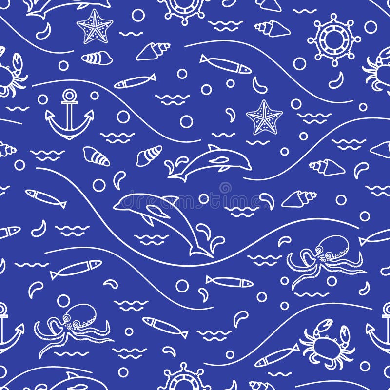 Cute Seamless Pattern with Dolphins, Octopus, Fish, Anchor, Helm, Waves ...