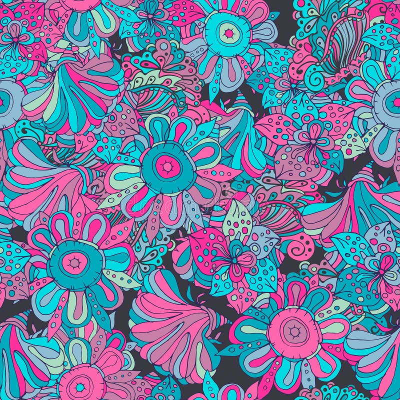 Cute Seamless Pattern with Doodle Multicolor Flowers on the Dark ...