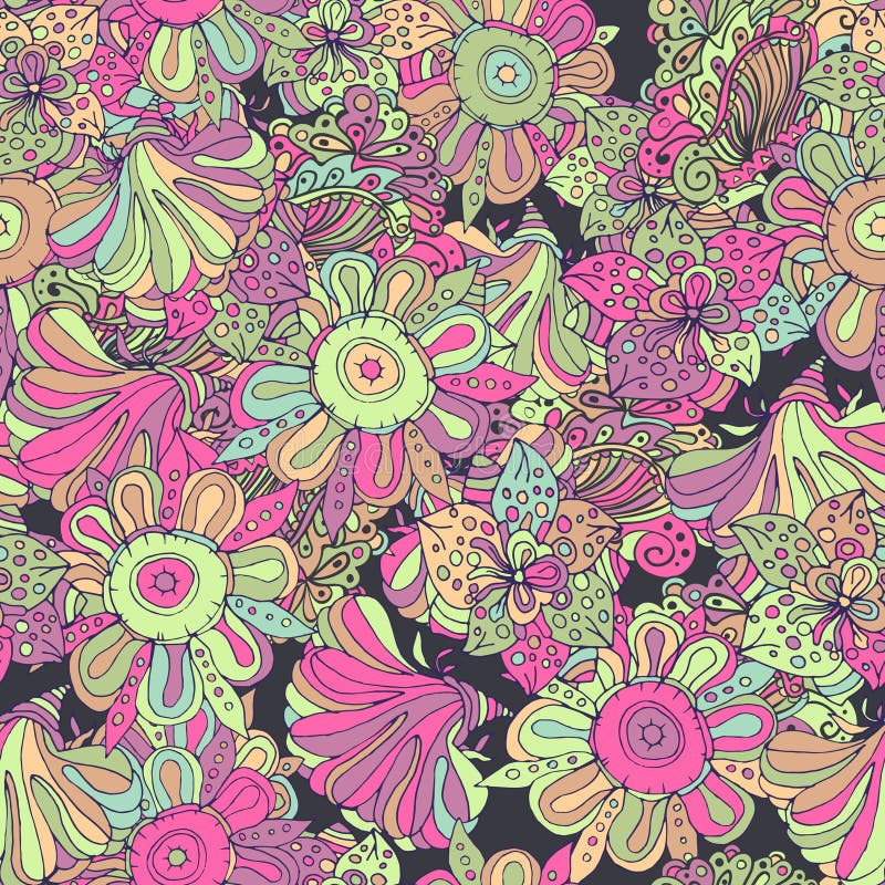 Cute Seamless Pattern with Doodle Multicolor Flowers Stock Illustration ...