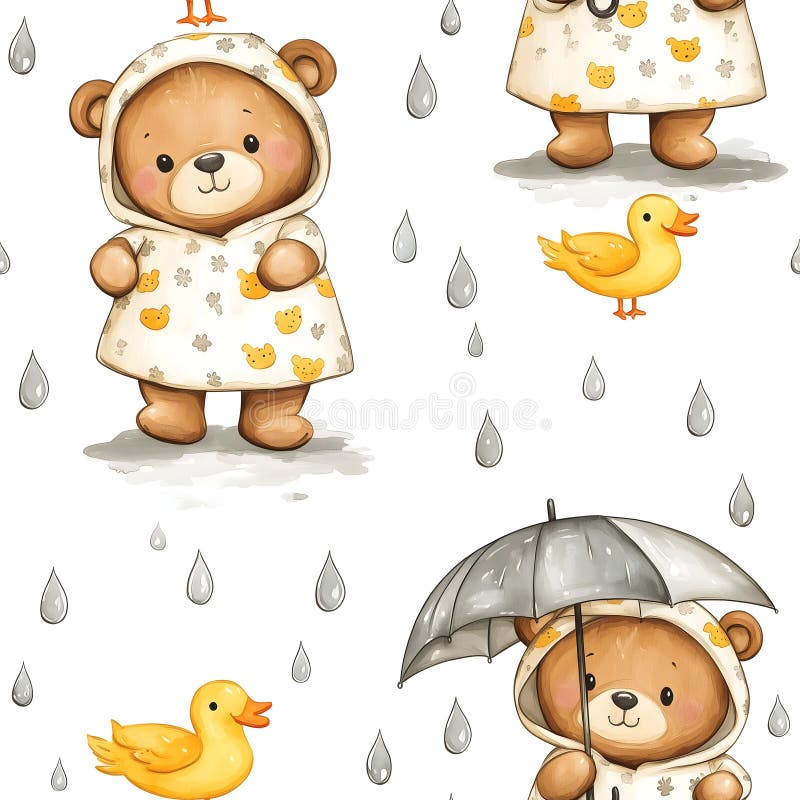 Cute Seamless Pattern Featuring Bear and Duck Characters in Rain Gear ...