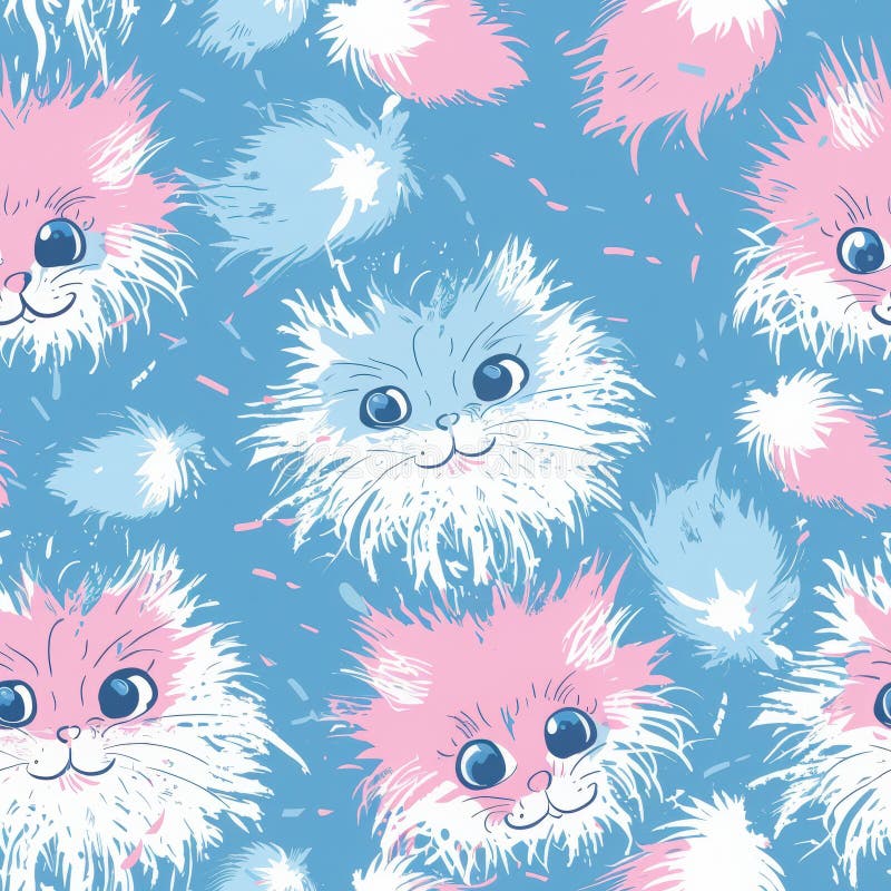 Cute Seamless Pattern Featuring Cartoonish Fluffy Cat Faces in Pink and ...