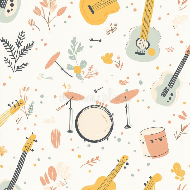 Cute Seamless Pattern Featuring Hand-drawn Musical Instruments in Soft ...