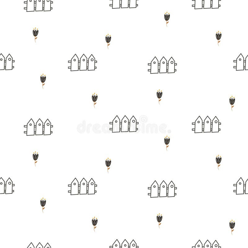 Cute Seamless Pattern with Fence and Flowers White Background. Village ...