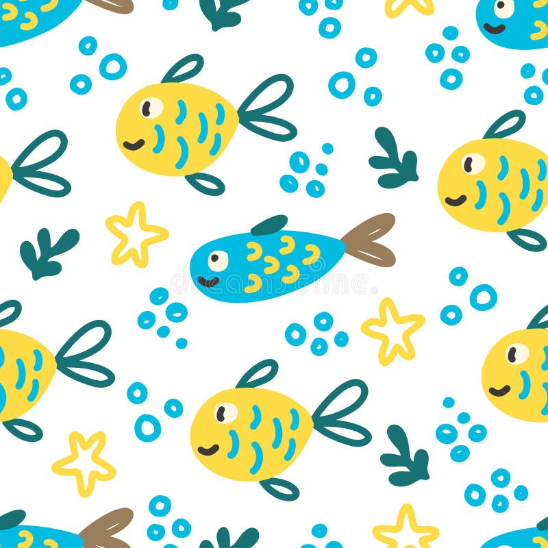Cute Seamless Pattern with Fish Bubbles and Sea Elements Stock Vector ...