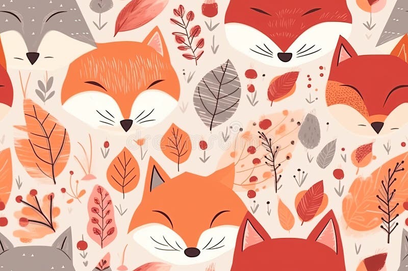 Cute Seamless Pattern of Foxes on a Forest Background with Leaves and ...