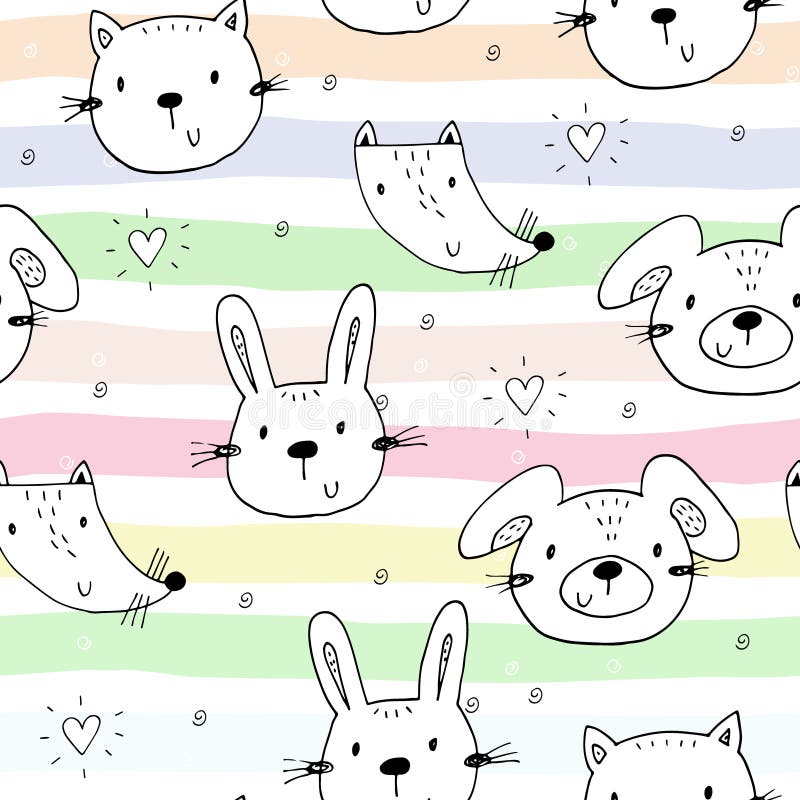 Cute Seamless Pattern with Funny Animals. Vector Illustration. Stock ...