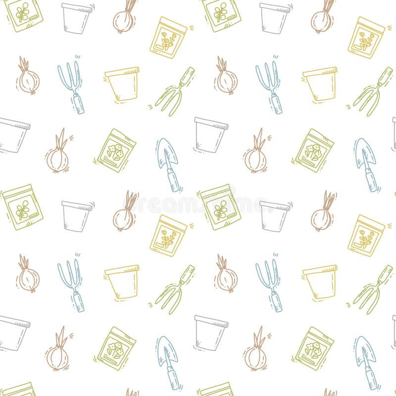 Cute Seamless Pattern of Garden Tools and Plants Stock Vector - Illustration of vector, print ...