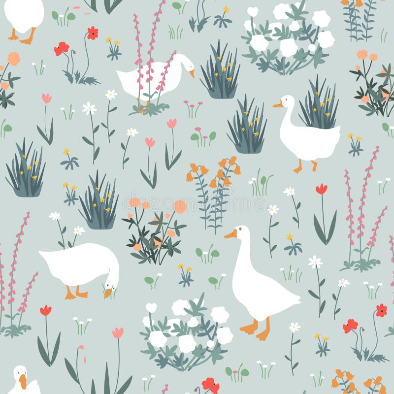 Cute Seamless Pattern with Goose and Doodle Flowers. Geese in the ...