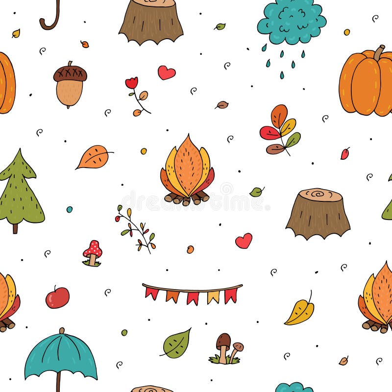 Cute Seamless Pattern with Hand Drawn Cute Autumn Floral Forest Design ...