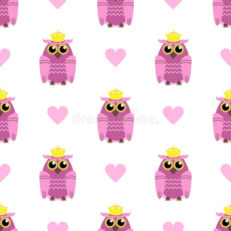 Cute Seamless Pattern with Hearts and Owls with Crowns. Vector ...