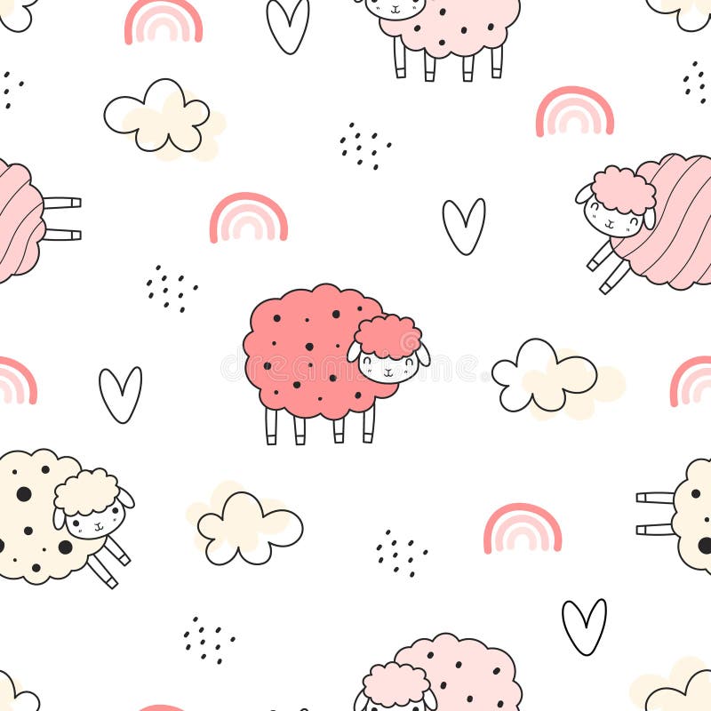 Cute Seamless Pattern with Lamb, Sheep, Cloud and Rainbow Stock Vector - Illustration of graphic ...