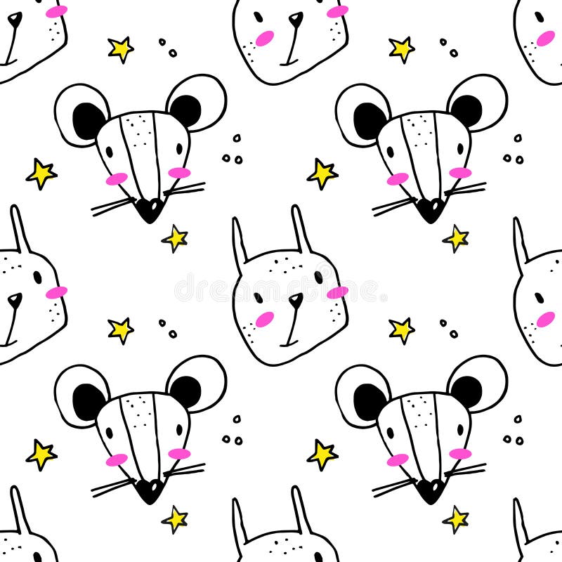 Cute Seamless Pattern with Line Art Style Wild Animals - Adorable Hand ...