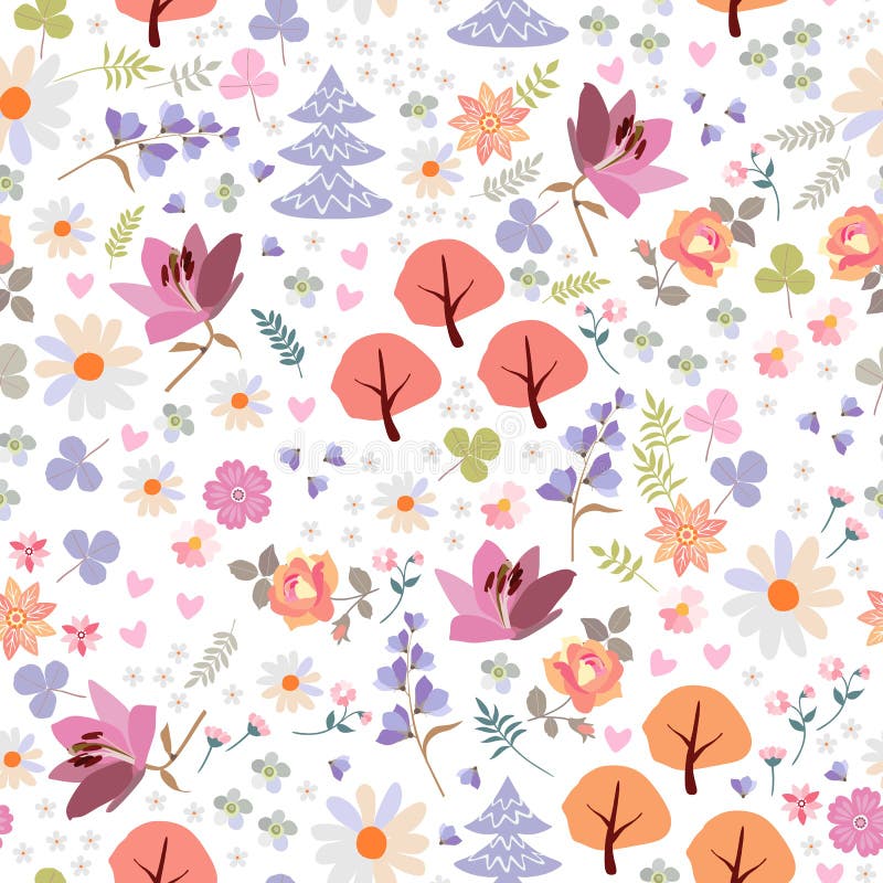 Cute Seamless Pattern of Magic Forest with Trees and Flowers Stock ...