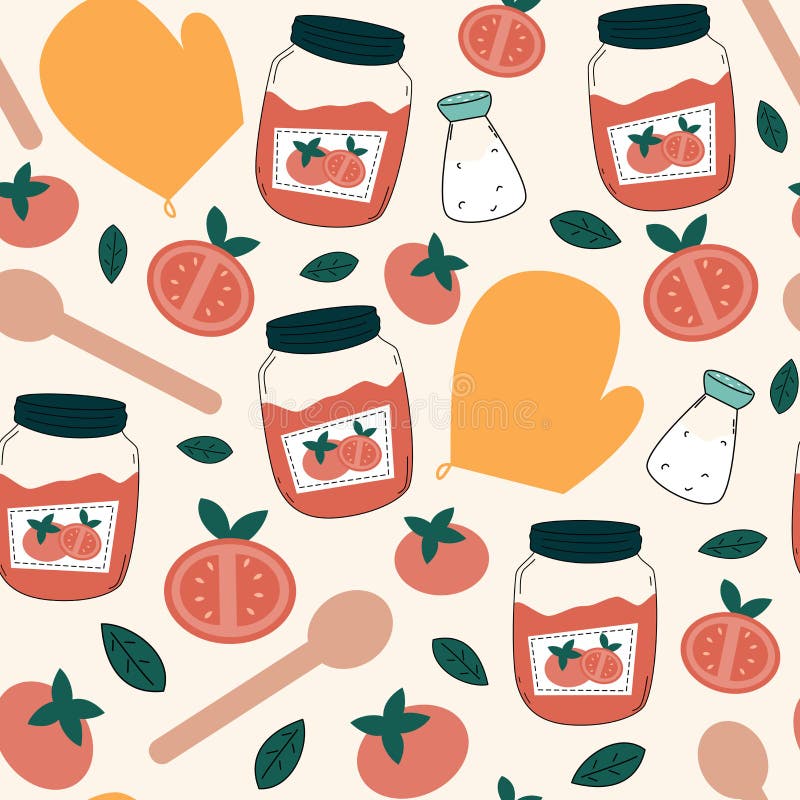 Seamless Pattern with Mason Jar with Tomatoes, Salt and Other Kitchen ...