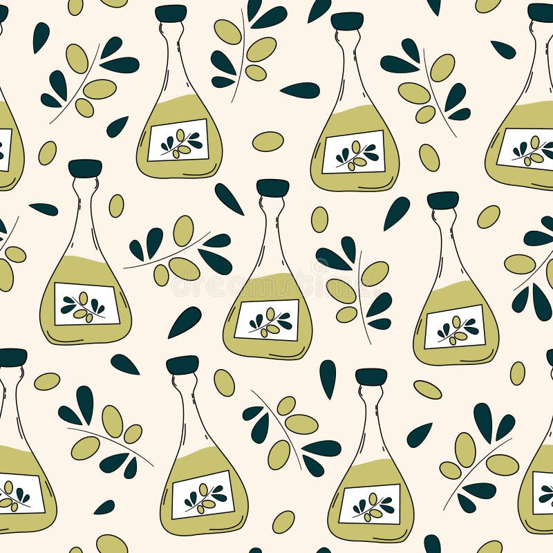 Cute Seamless Pattern with Oil Bottles and Olive Stock Vector ...