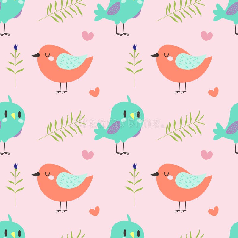 Cute Seamless Pattern with Pink Birds on Branches Background EPS Stock ...