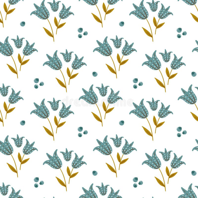 Cute Seamless Pattern with Pretty Abstract Bluebells and Blueberries ...