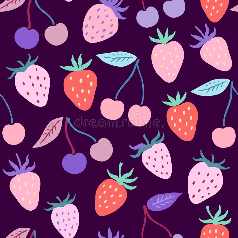 Cute Seamless Pattern with Simple Strawberry and Cherry Elements in ...