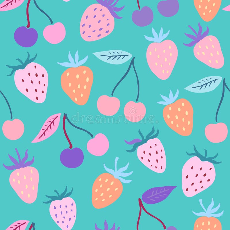 Cute Seamless Pattern with Simple Strawberry and Cherry Elements in ...